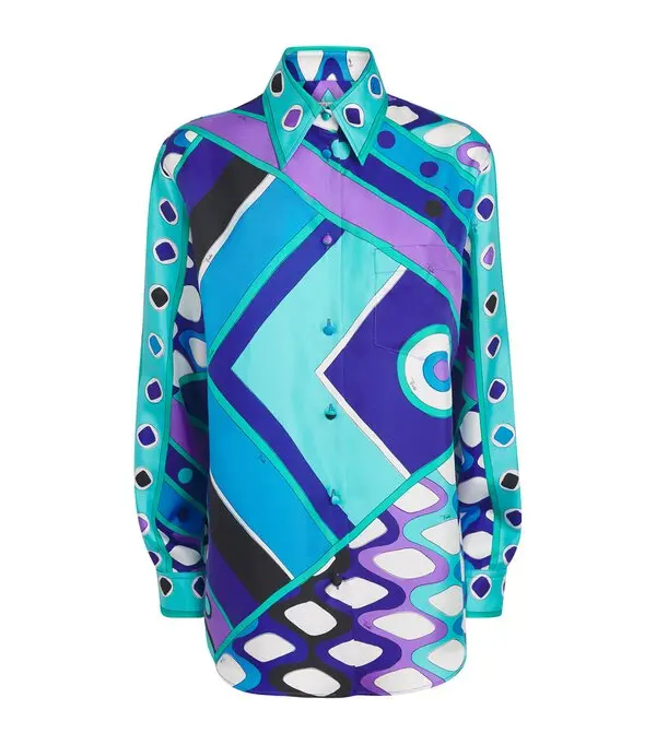Emilio Pucci Silk Geometric Print Oversized Shirt - Blue