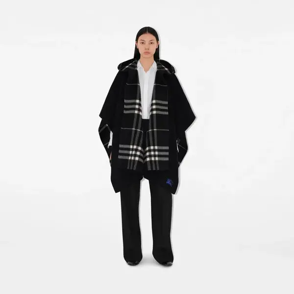 Burberry Reversible Check Cashmere Hooded Cape - Black/calico