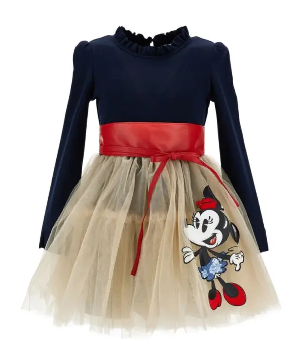 Monnalisa X Disney Minnie Mouse Applique Belted Tulle Dress - Deep Blue