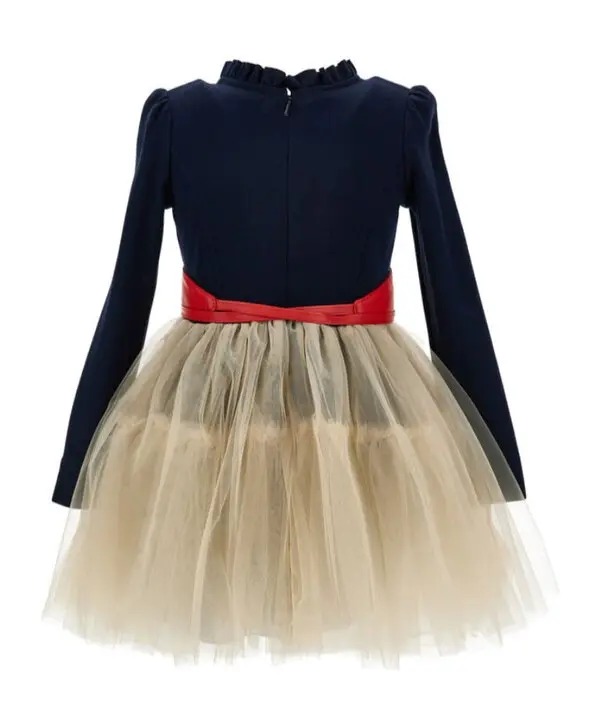 Monnalisa X Disney Minnie Mouse Applique Belted Tulle Dress