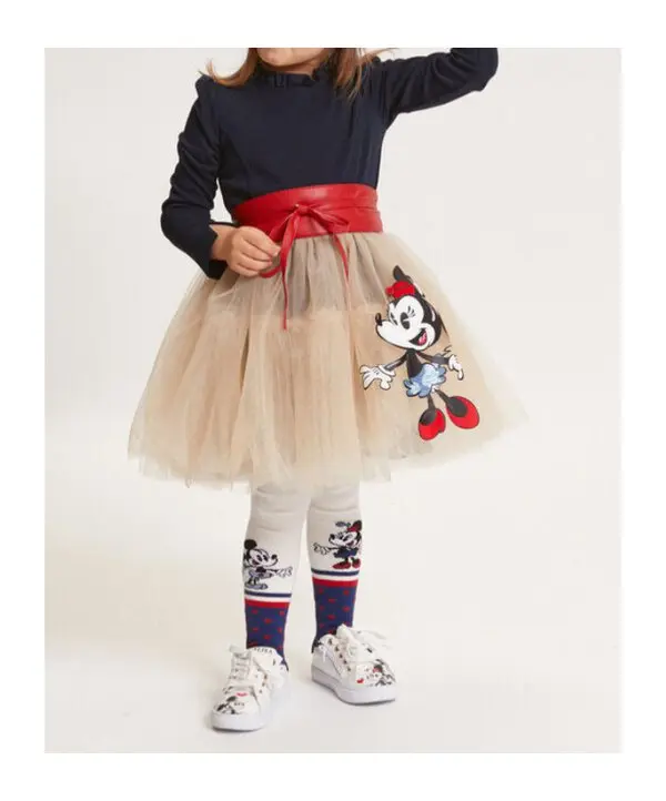 Monnalisa X Disney Minnie Mouse Applique Belted Tulle Dress