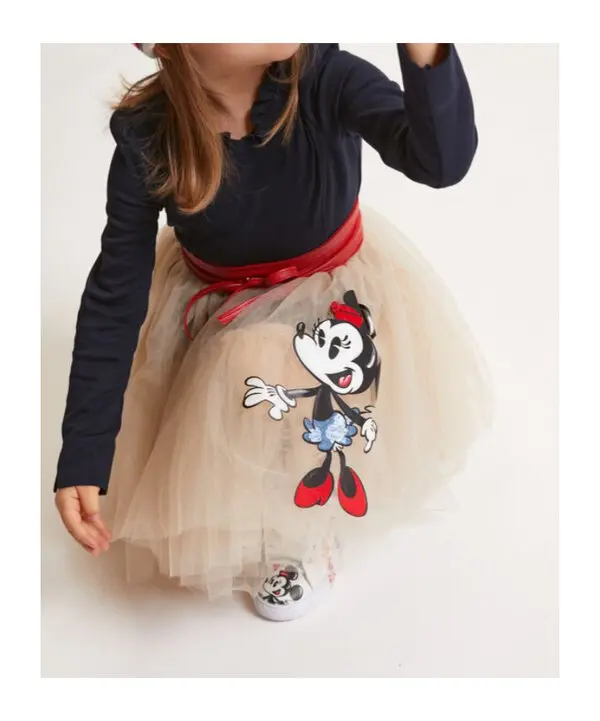 Monnalisa X Disney Minnie Mouse Applique Belted Tulle Dress