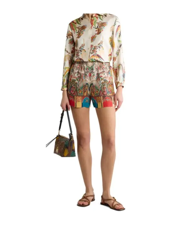 Etro Peau D'ange Silk Shorts With Paisley Foliage Motif