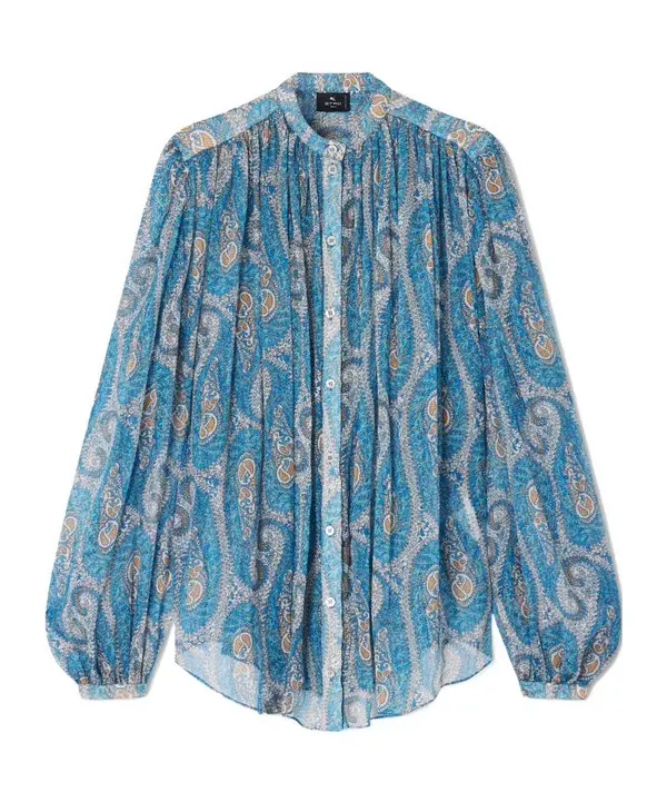 Etro Pleated Paisley Print Silk Crepe Shirt - Blue