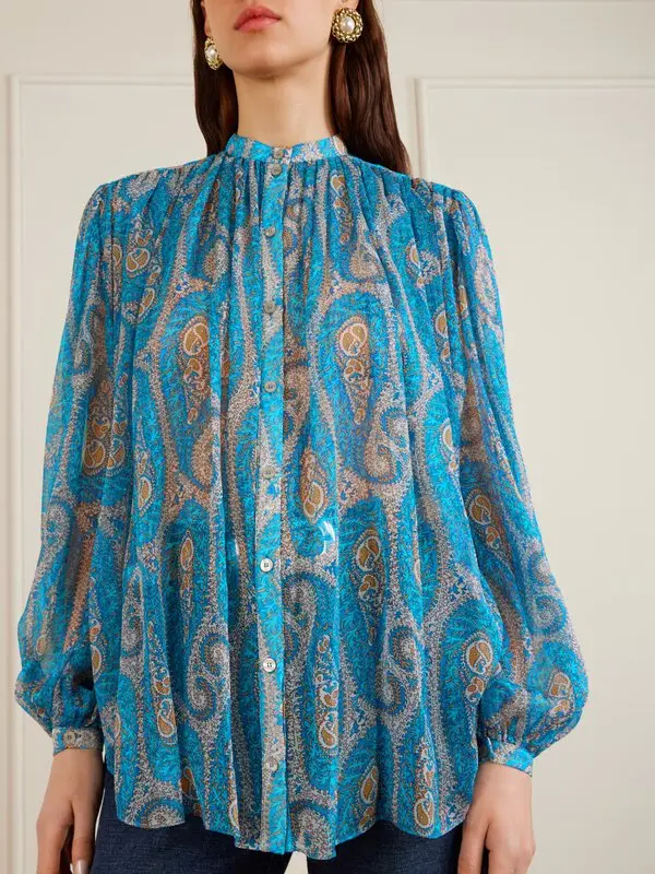 Etro Pleated Paisley Print Silk Crepe Shirt
