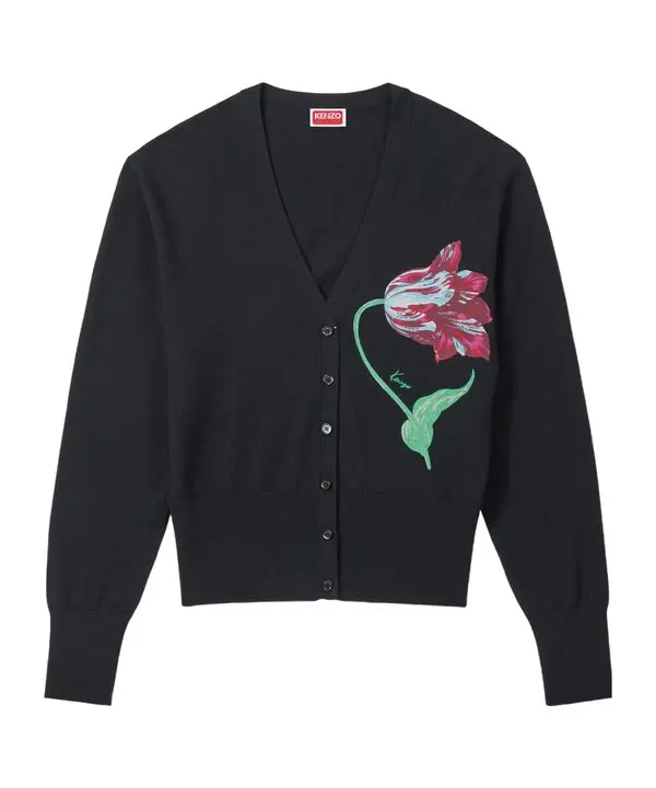 Kenzo Cotton Wool Tulip Print V-neck Cardigan