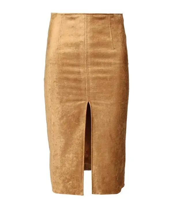 FORTE_FORTE Stretch Velvet Pencil Skirt With Front Vents - Brown