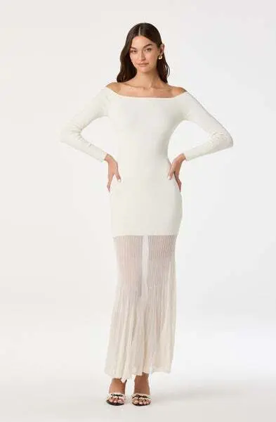 Astr The Label Off Shoulder Mesh Panel Hem Maxi Dress - Cream