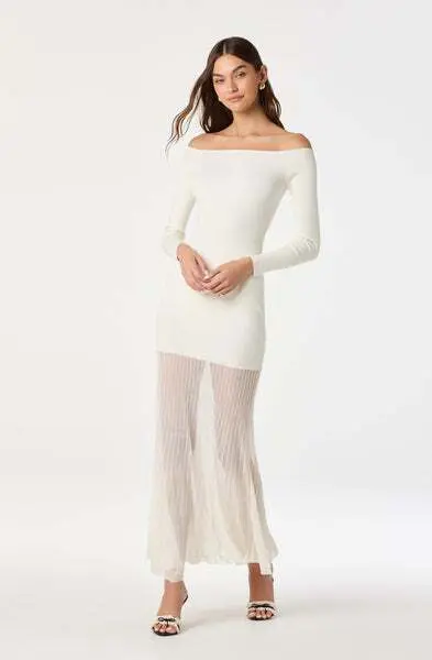 Astr The Label Off Shoulder Mesh Panel Hem Maxi Dress