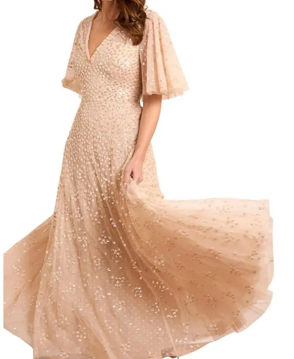 NEEDLE & THREAD Leila Dot V-neck Cape Ankle Gown