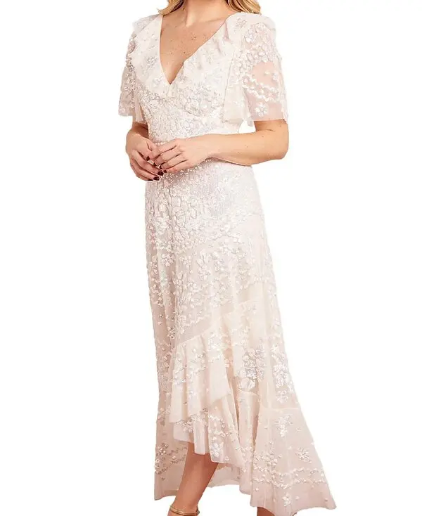 NEEDLE & THREAD Anais Sequin Frill Ankle Gown - Cream