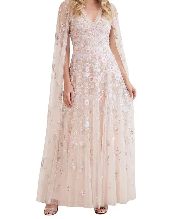 NEEDLE & THREAD Ethereal Blooms Cape Sleeve Ankle Gown - Cream/multi