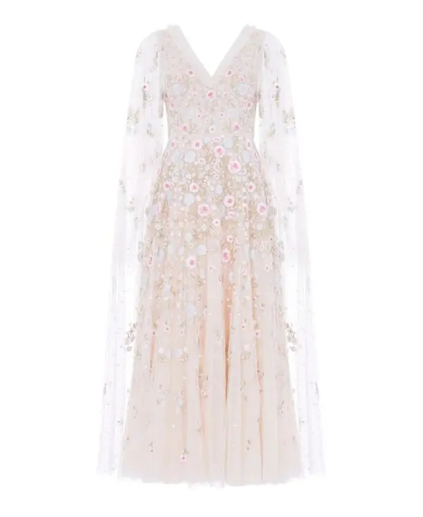 NEEDLE & THREAD Ethereal Blooms Cape Sleeve Ankle Gown - Cream/multi