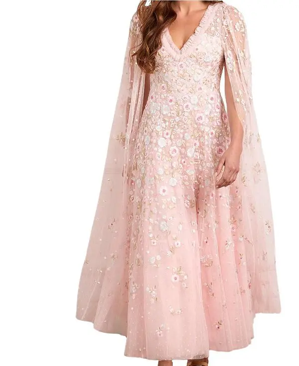 NEEDLE & THREAD Ethereal Blooms Cape Sleeve Gown - Seashell/multi
