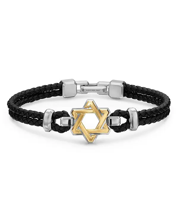 David Yurman Streamline Star Of David Bracelet In Black Leather With Sterling Silver And 14k Yellow Gold, 18mm - Black/gold/silver