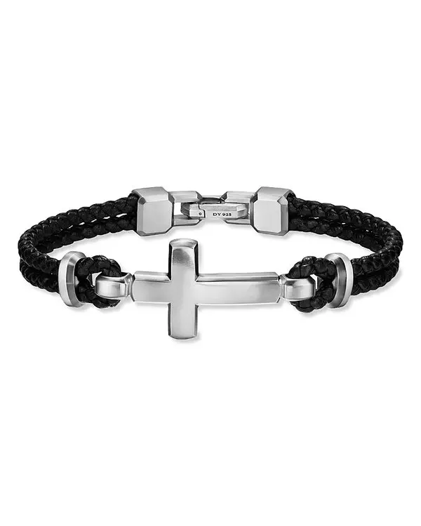 David Yurman Streamline Cross Station Bracelet In Black Leather With Sterling Silver, 17mm - Black/silver