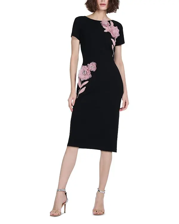 EMILY SHALANT Stretch Crepe Organza Midi Dress With Crystal Flower Applique - Black