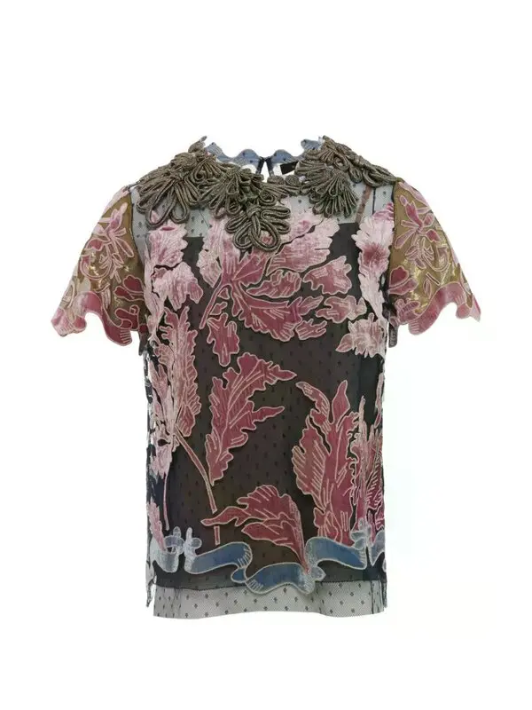 Biyan Saluna Floral-print Velvet Appliqué Blouse - Black