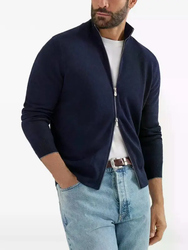Brunello Cucinelli Cashmere High-neck Zipper Cardigan - Blue