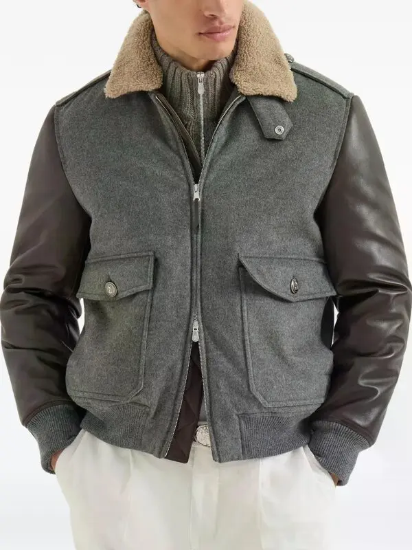 Brunello Cucinelli Bonded Cashmere Beaver Cloth And Nappa Leather Bomber Jacket With Thermore® Padding And Detachable Shearling Collar