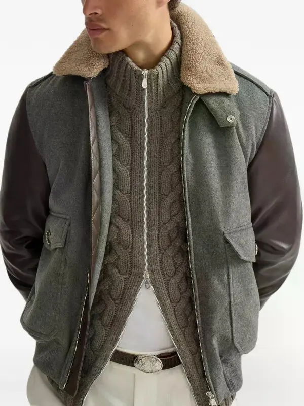 Brunello Cucinelli Bonded Cashmere Beaver Cloth And Nappa Leather Bomber Jacket With Thermore® Padding And Detachable Shearling Collar