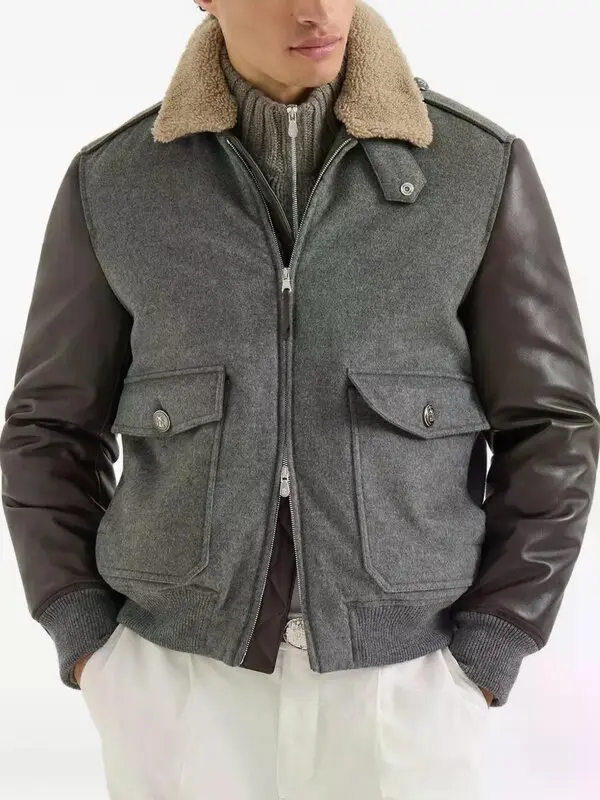 Brunello Cucinelli Bonded Cashmere Beaver Cloth And Nappa Leather Bomber Jacket With Thermore® Padding And Detachable Shearling Collar - Grey