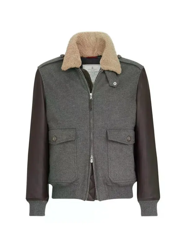 Brunello Cucinelli Bonded Cashmere Beaver Cloth And Nappa Leather Bomber Jacket With Thermore® Padding And Detachable Shearling Collar - Grey