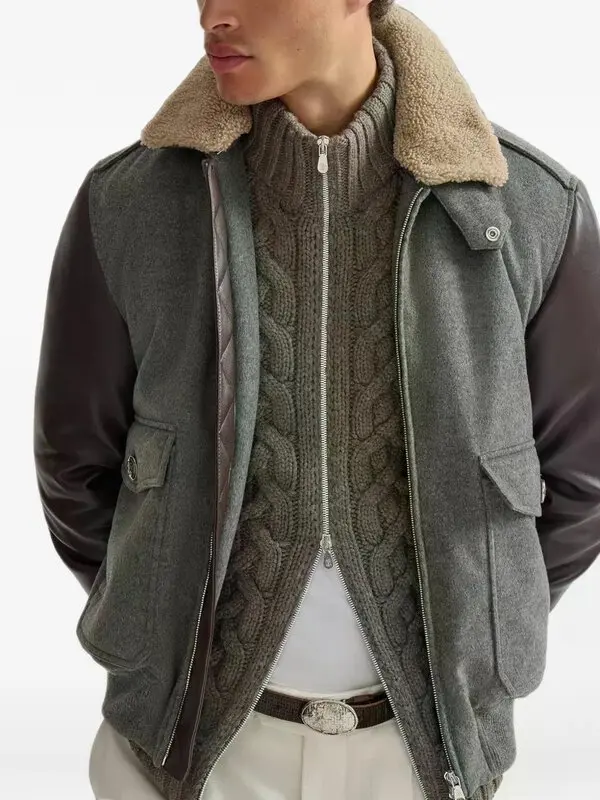 Brunello Cucinelli Bonded Cashmere Beaver Cloth And Nappa Leather Bomber Jacket With Thermore® Padding And Detachable Shearling Collar - Grey