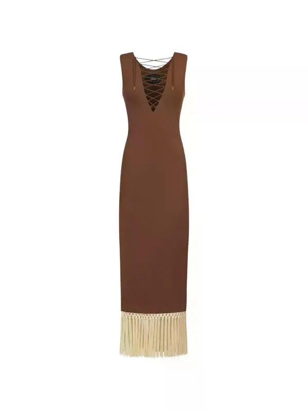 TALLER MARMO Sahara Lace-up Fringe Midi Dress - Brown