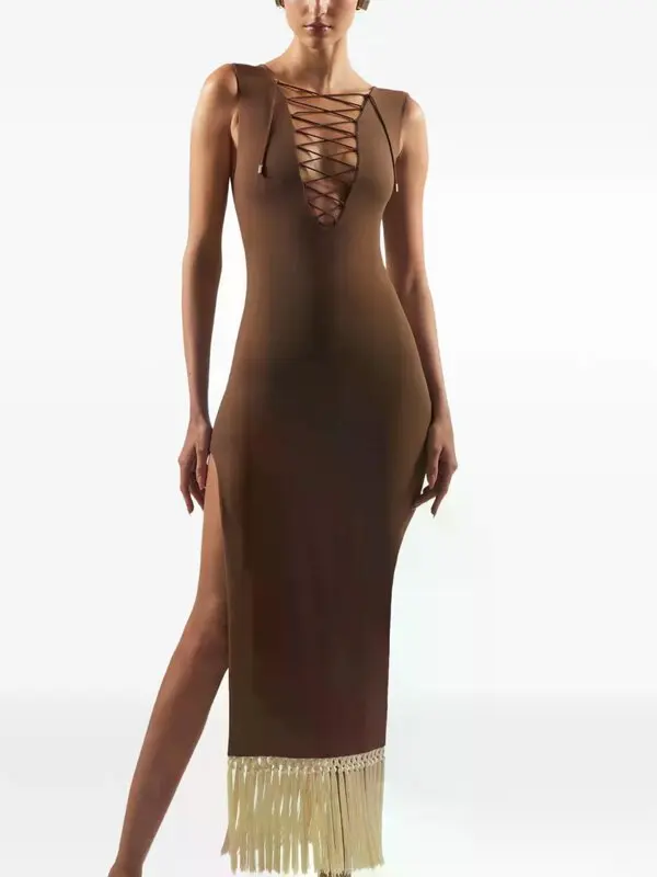 TALLER MARMO Sahara Lace-up Fringe Midi Dress