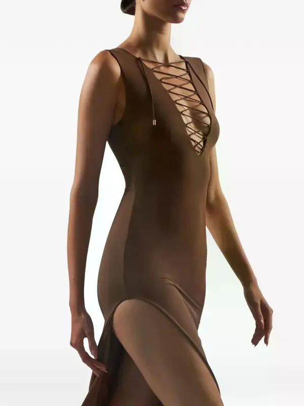 TALLER MARMO Sahara Lace-up Fringe Midi Dress