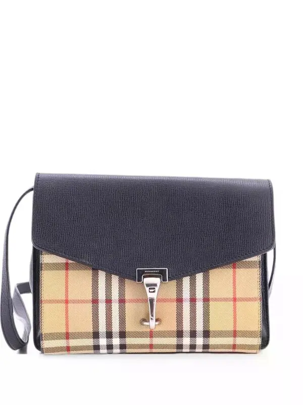 Burberry Macken Small Crossbody Bag In Leather And Vintage Check Canvas - Black
