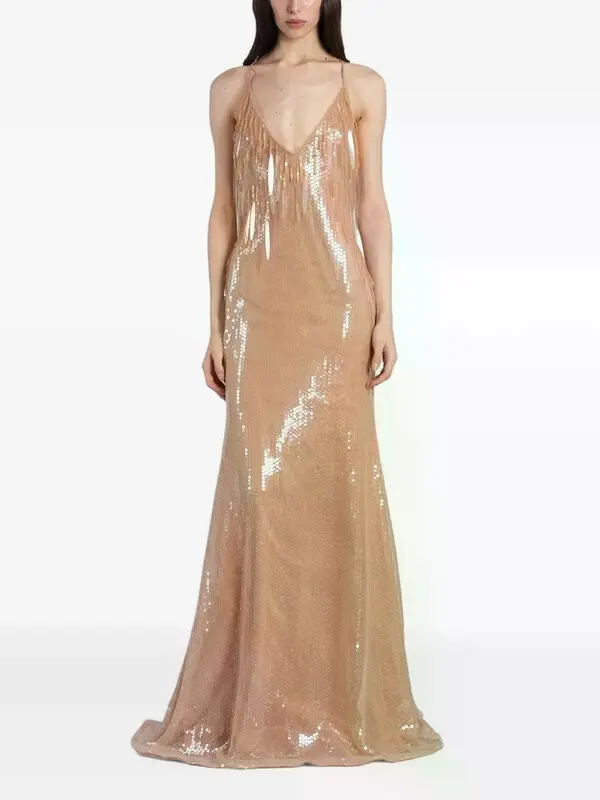 David Koma Sequin Embellished Fringed Maxi Dress - Neutrals