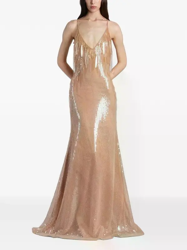 David Koma Sequin Embellished Fringed Maxi Dress