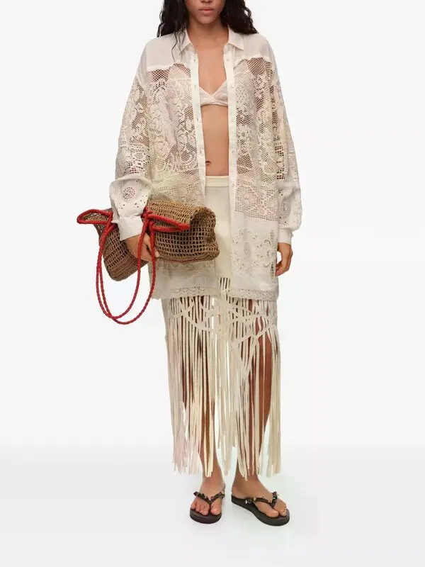 Bimba Y Lola Ecru Lace-panelled Broderie Anglaise Shirt