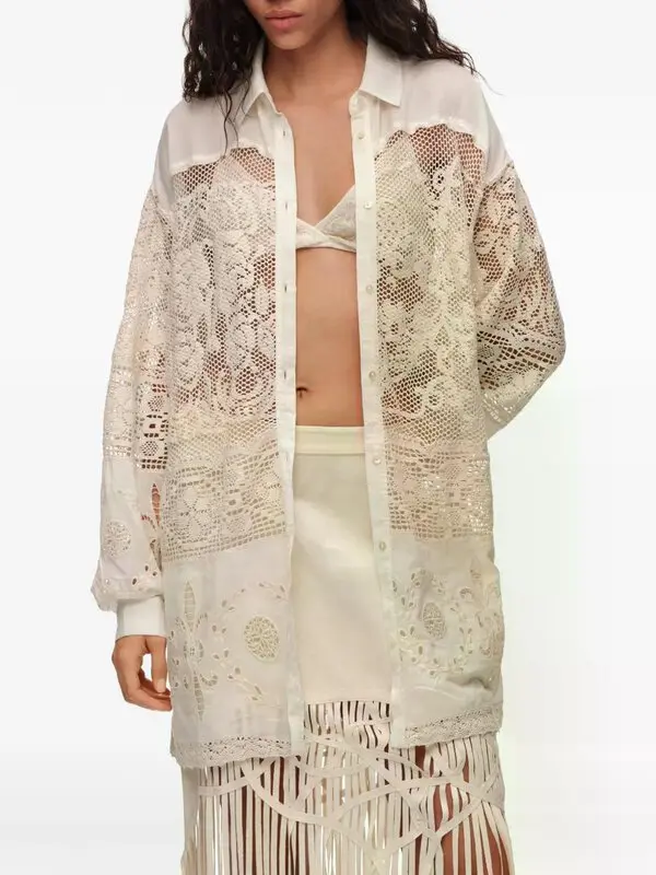 Bimba Y Lola Ecru Lace-panelled Broderie Anglaise Shirt