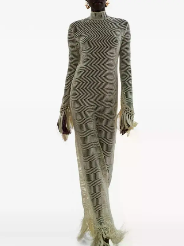TALLER MARMO Ivory Crochet Knit Fringe Dress