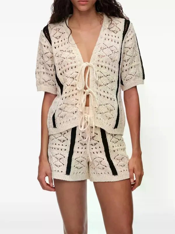 Bimba Y Lola Crochet-knit Striped Short-sleeved Cardigan - Neutrals