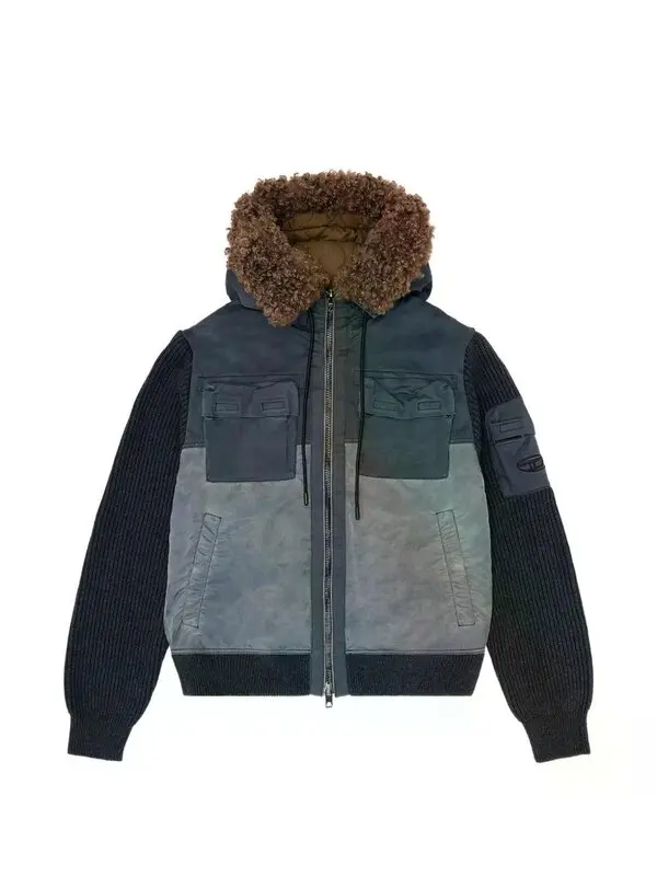 DIESEL® Hooded Padded Jacket With Knitted Sleeves - Blue