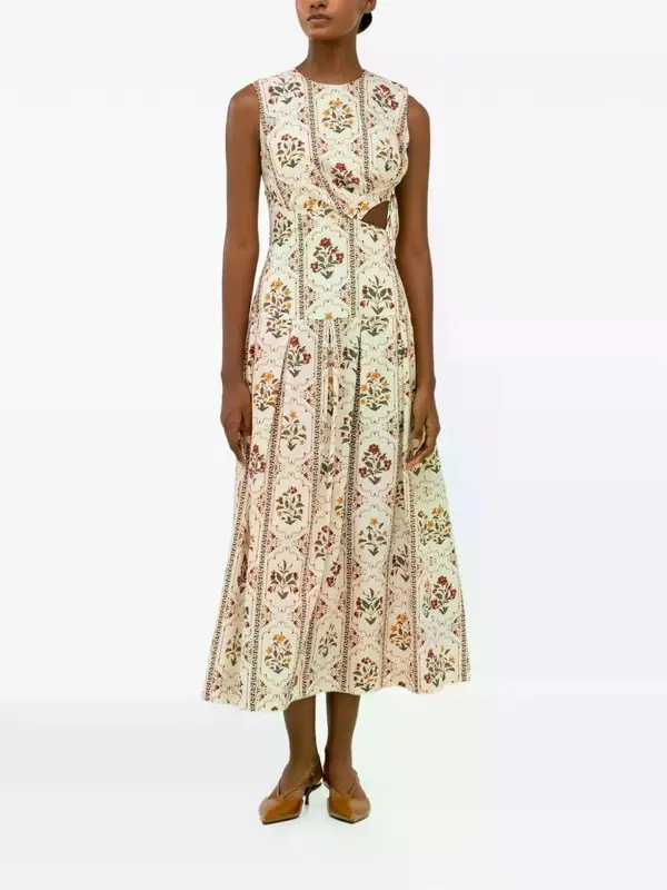 Agua Bendita Beige Floral Print Midi Dress - Neutrals
