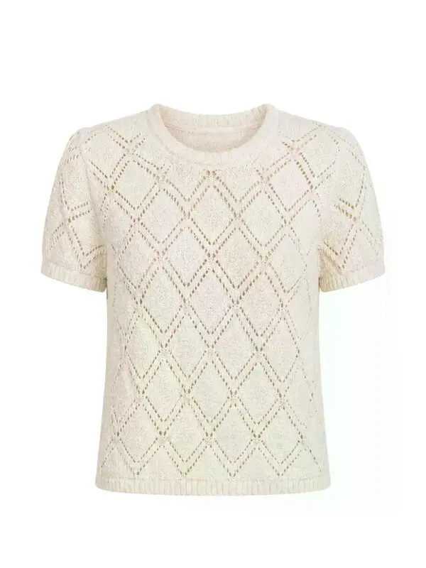 WHITE & WARREN Ivory Pointelle Knit Diamond Pattern Crew Neck Short Sleeve Top