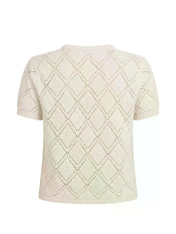 WHITE & WARREN Ivory Pointelle Knit Diamond Pattern Crew Neck Short Sleeve Top