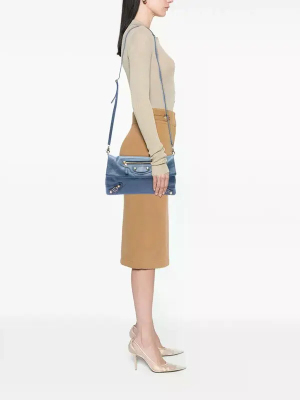 Balenciaga Lambskin Leather Motocross Giant 12 Envelope Clutch With Strap - Blue
