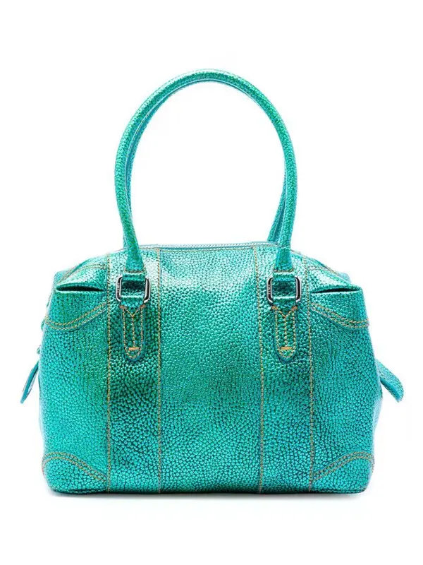 Fendi Metallic Pebbled Leather Mixed Media Boston Bag - Green
