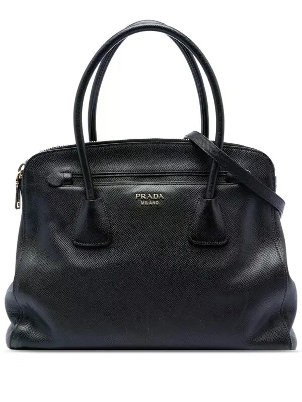 Prada Saffiano Cuir Double Zip Top Handle Bag - Black