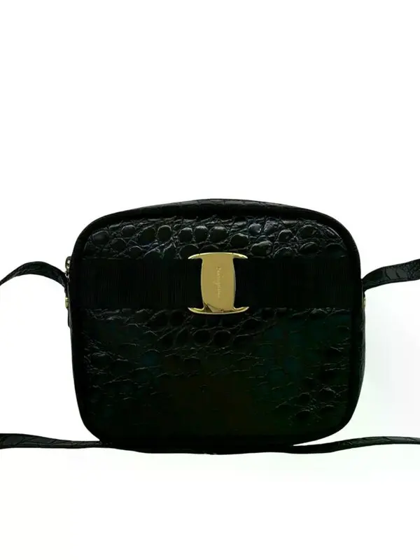 FERRAGAMO Croc Embossed Leather Vara Crossbody Bag - Black