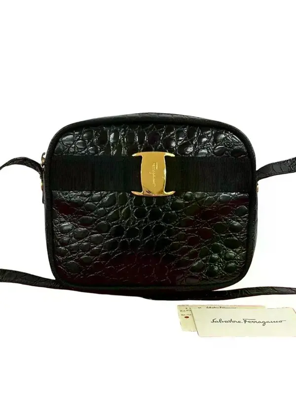 FERRAGAMO Croc Embossed Leather Vara Crossbody Bag
