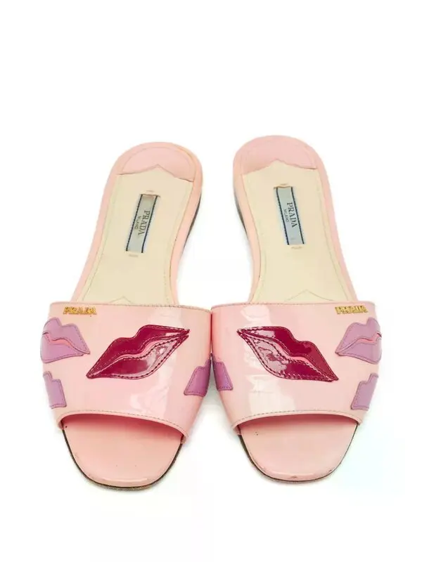 Prada Patent Leather Lip Appliqué Flat Sandals