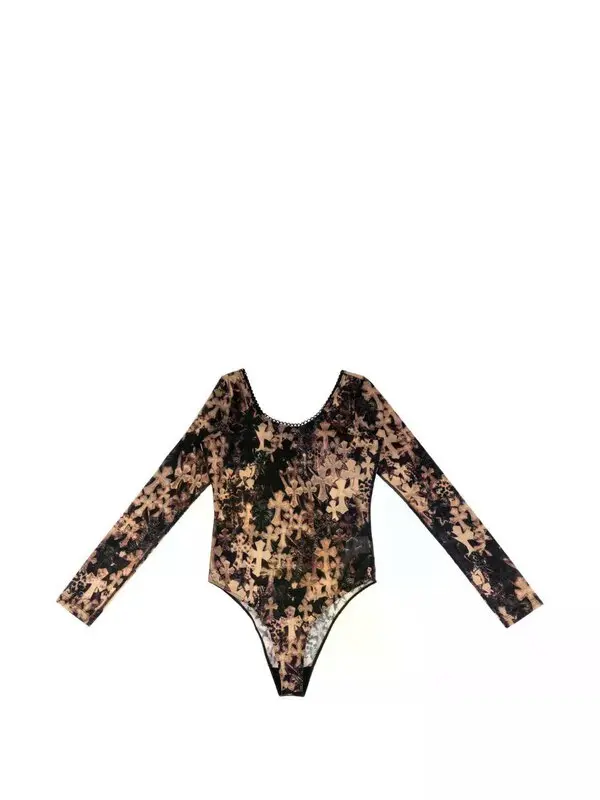 Chrome Hearts Sheer Mesh Bodysuit With Cross Print