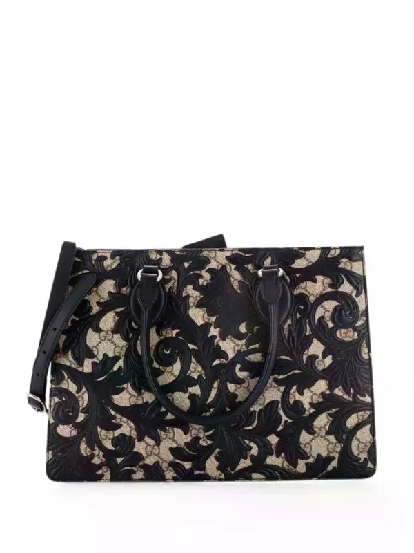 Gucci Convertible Gusset Arabesque Gg Coated Canvas With Leather Medium Tote Bag - Black